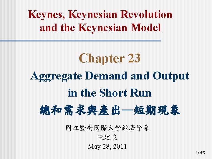 Keynes Keynesian Revolution and the Keynesian Model Chapter