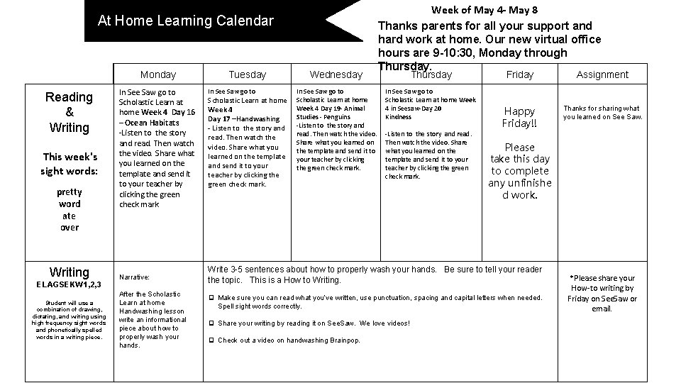 At Home Learning Calendar Monday Reading Writing This