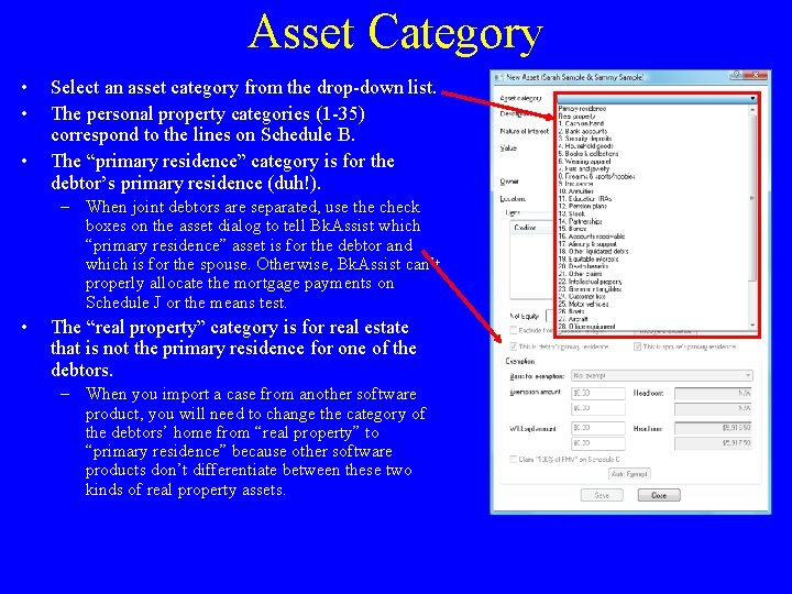Assets and Exemptions Tutorial on entering asset and