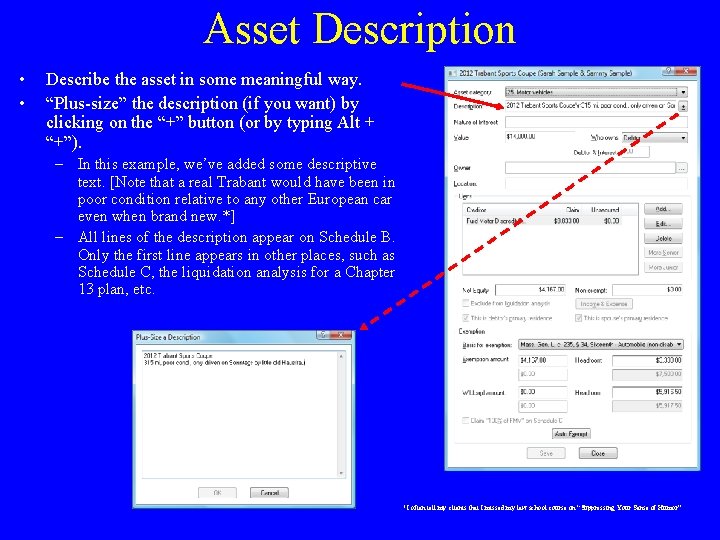 Assets and Exemptions Tutorial on entering asset and