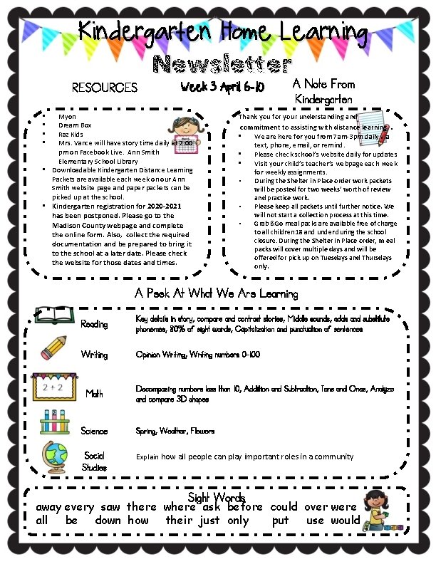 Kindergarten Home Learning RESOURCES Newsletter Week 3 April