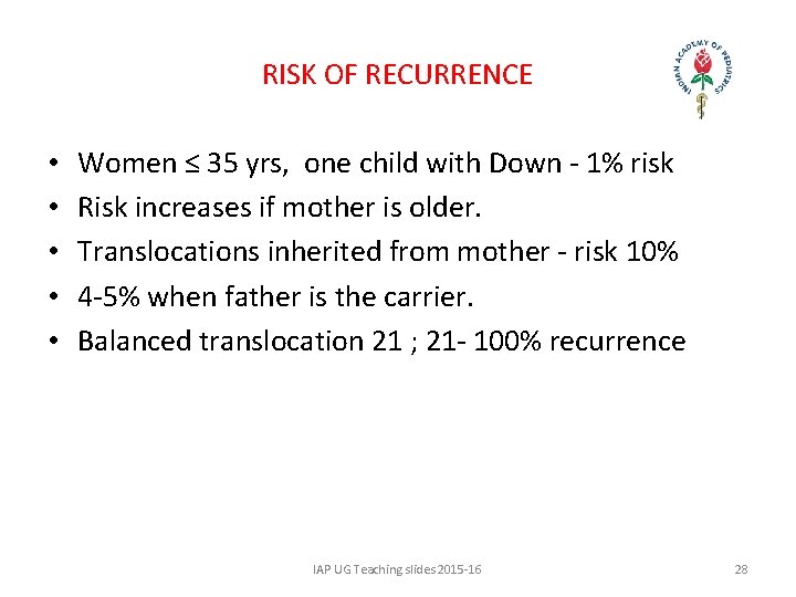 DOWNS SYNDROME IAP UG Teaching slides 2015 16