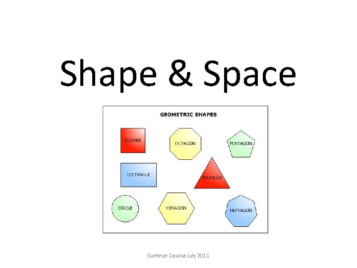 Shape Space Summer Course July 2011 Introduction Too