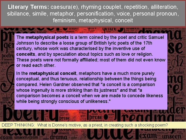 Literary Terms caesurae rhyming couplet repetition alliteration sibilance