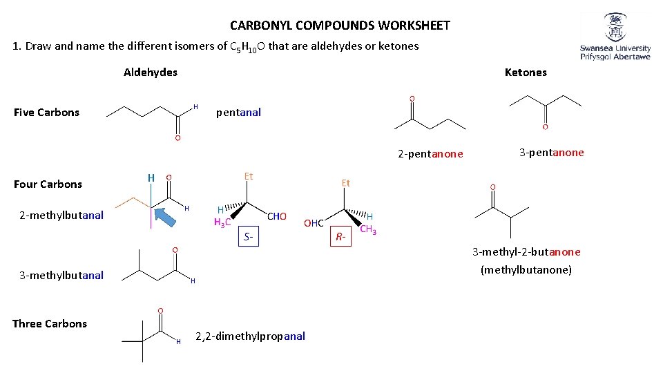 CARBONYL COMPOUNDS WORKSHEET 1 Draw and name the