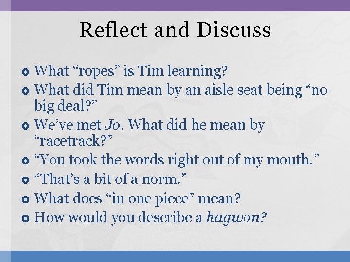 Jo and Tim The following is a series