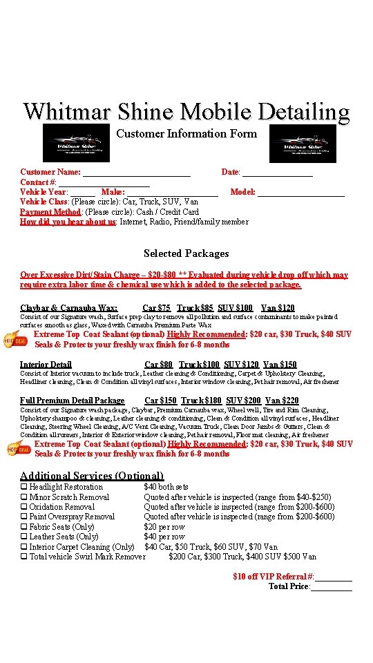 Whitmar Shine Mobile Detailing Customer Information Form Customer