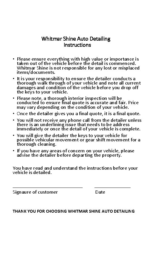 Whitmar Shine Mobile Detailing Customer Information Form Customer