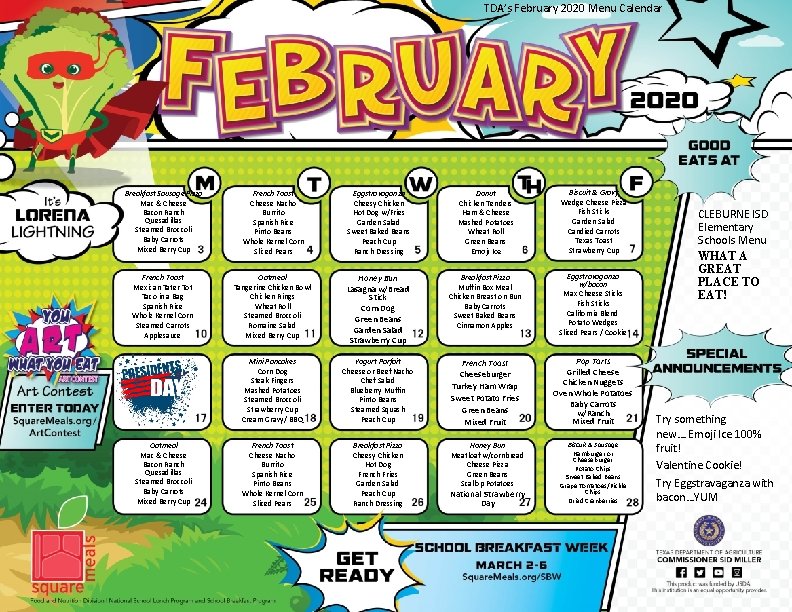 TDAs February 2020 Menu Calendar Breakfast Sausage Pizza