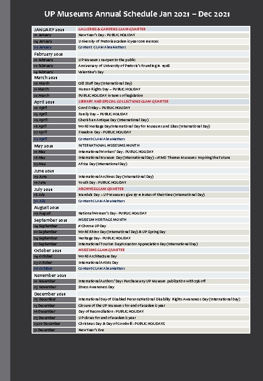 UP Museums Annual Schedule Jan 2021 Dec 2021