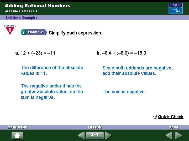 Adding Rational Numbers ALGEBRA 1 LESSON 2 1