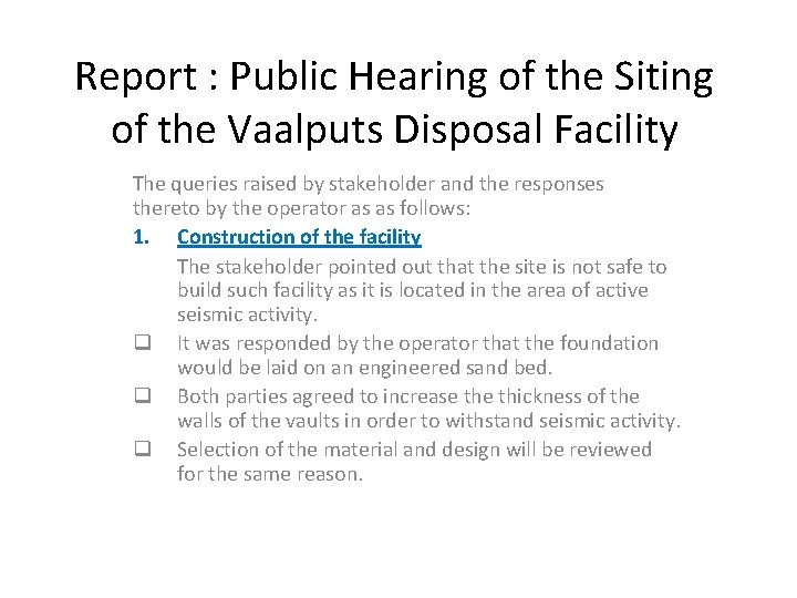 SUMMARY OF THE EXERCISE OF Vaalputs Disposal Facility