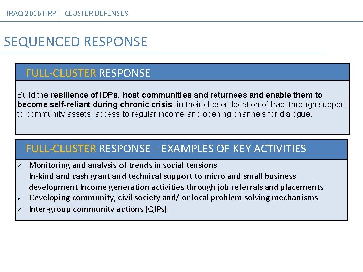 Emergency Livelihoods and Social Cohesion Cluster CLUSTER DEFENSE