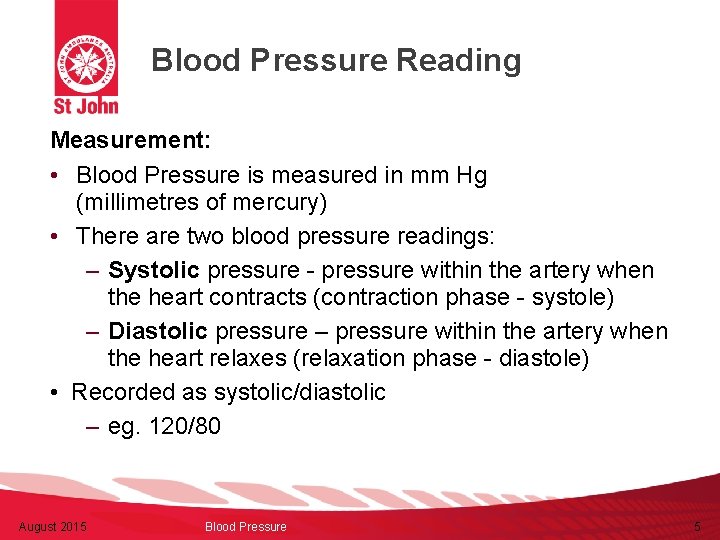 Blood Pressure August 2015 Blood Pressure 1 Learning