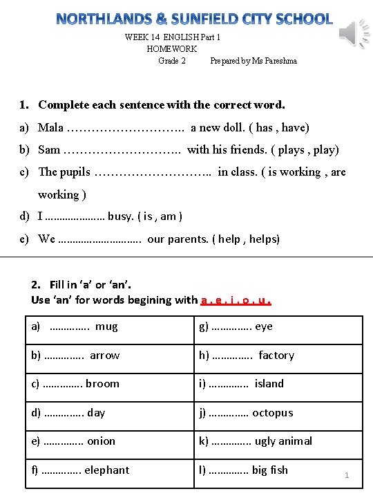 WEEK 14 ENGLISH Part 1 HOMEWORK Grade 2