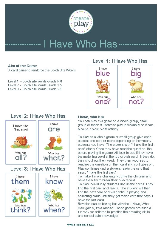 I Have Who Has Level 1 I Have