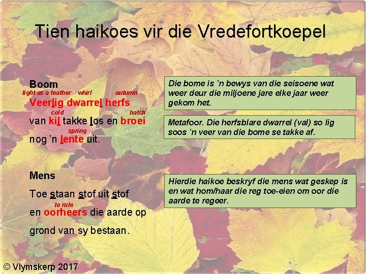 Tien haikoes vir die Vredefortkoepel Hans du Plessis