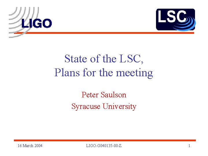 State of the LSC Plans for the meeting