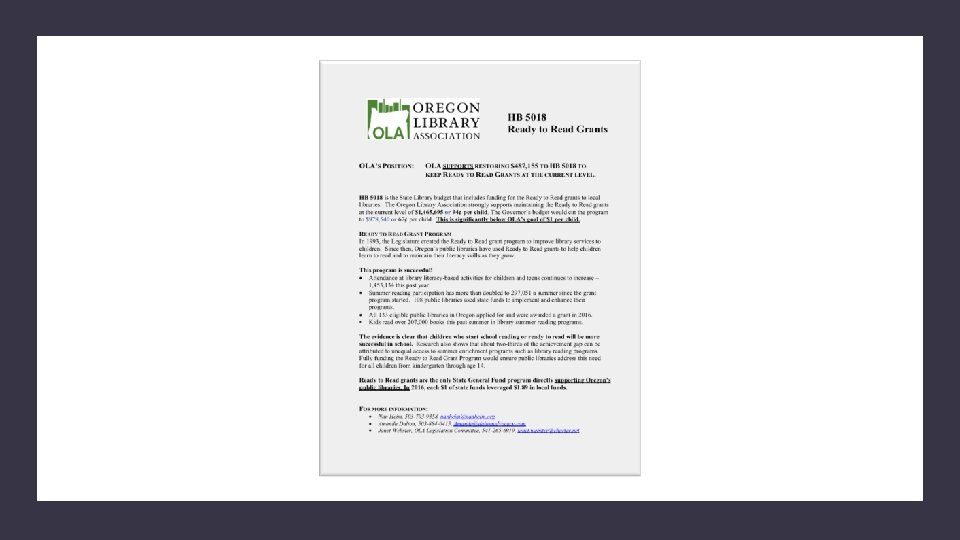 Oregon Library Association Legislative Advocacy 101 OLA Lobbyists