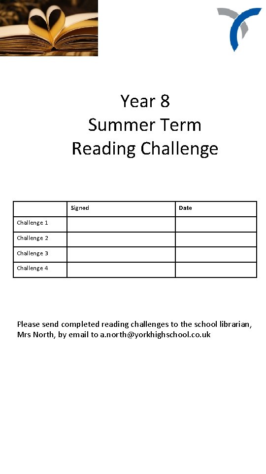 Year 8 Summer Term Reading Challenge Signed Date