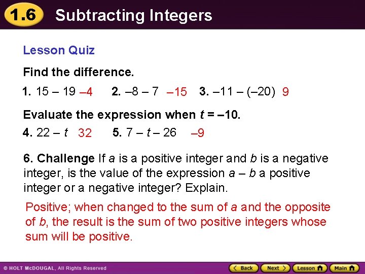 1 6 Subtracting Integers Skill Check Lesson Presentation