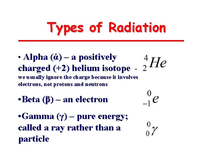 Nuclear Chemistry Types of Radiation Alpha a positively