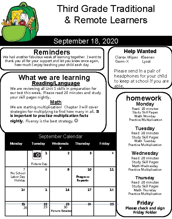 Third Grade Traditional Remote Learners September 18 2020