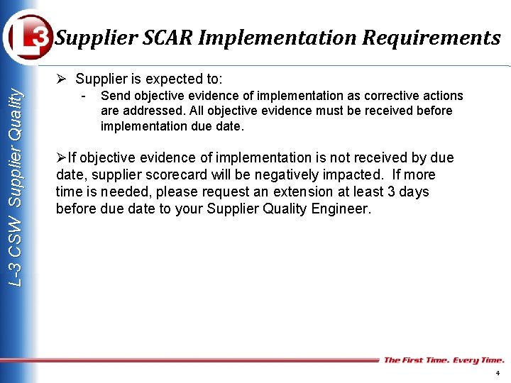 L3 CSW Supplier Quality Supplier SCAR Response Implementation