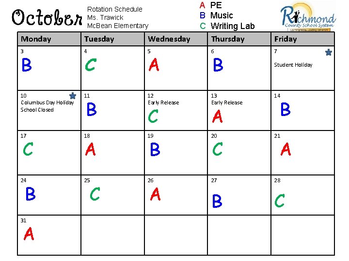 Speicals Rotation Schedule Ms Trawick Mc Bean Elementary