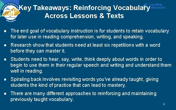 Reinforcing Vocabulary Across LessonsTexts SESSION 9 ACADEMIC VOCABULARY
