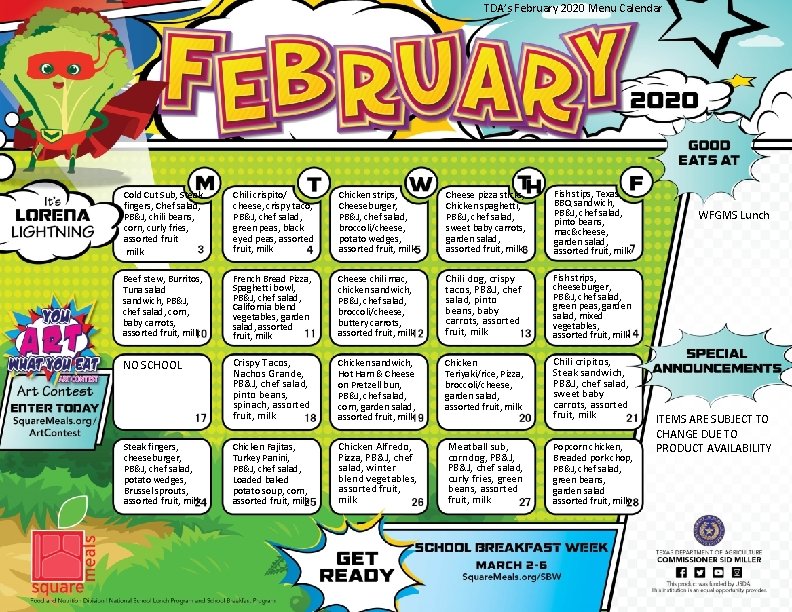 TDAs February 2020 Menu Calendar Cold Cut Sub