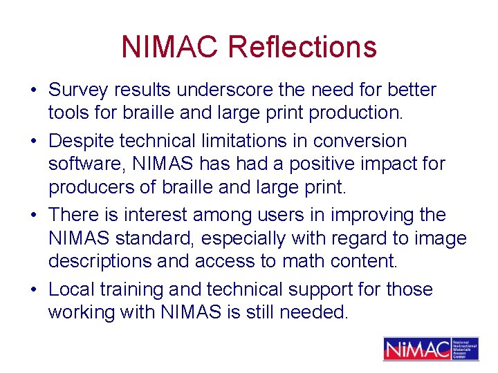 September 2012 NIMAC Survey Using NIMAS in Braille