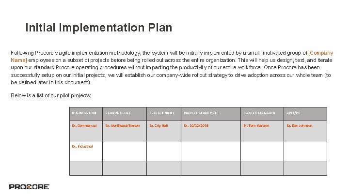 CONSTRUCTION CHANGE MANAGEMENT AND PROCESS DEVELOPMENT Procore Implementation
