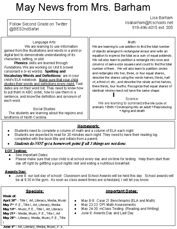 May News from Mrs Barham Lisa Barham lisabarhamfcschools