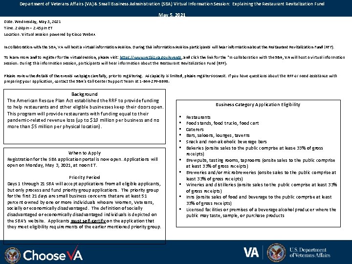 Department of Veterans Affairs VA Small Business Administration