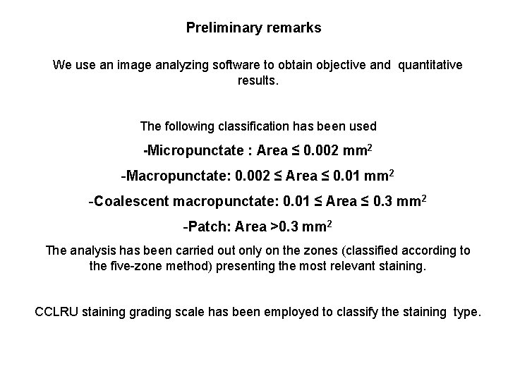 Preliminary remarks We use an image analyzing software