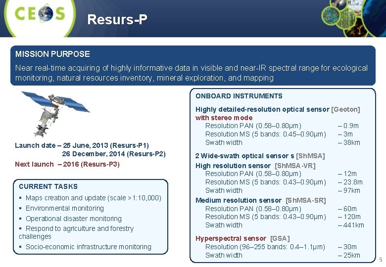 Committee on Earth Observation Satellites Russian EO Missions