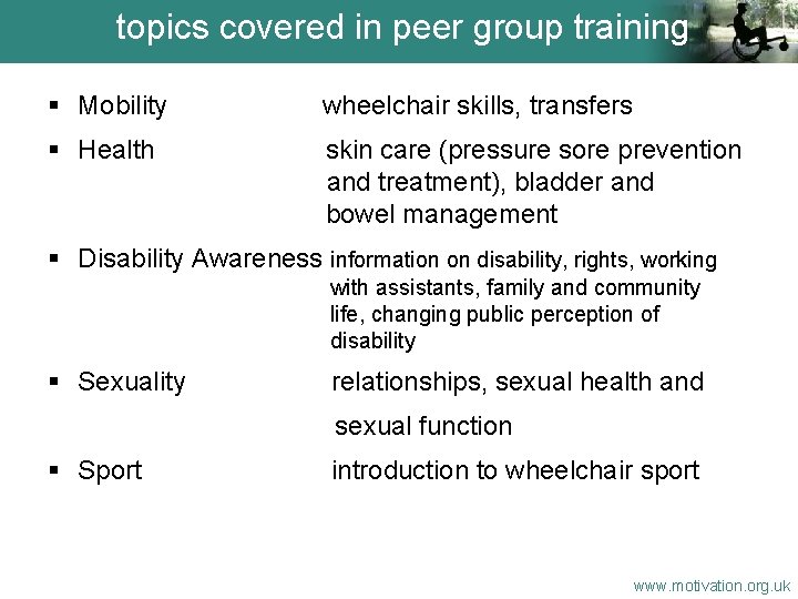 Experiences from peer group training of wheelchair users