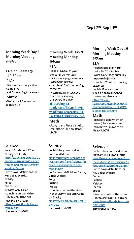 Sept 2 ndSept 4 th Morning Work Day