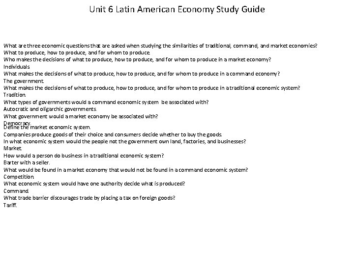 Unit 6 Latin American Economy Study Guide What