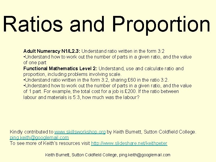 Ratios and Proportion Adult Numeracy N 1L 2