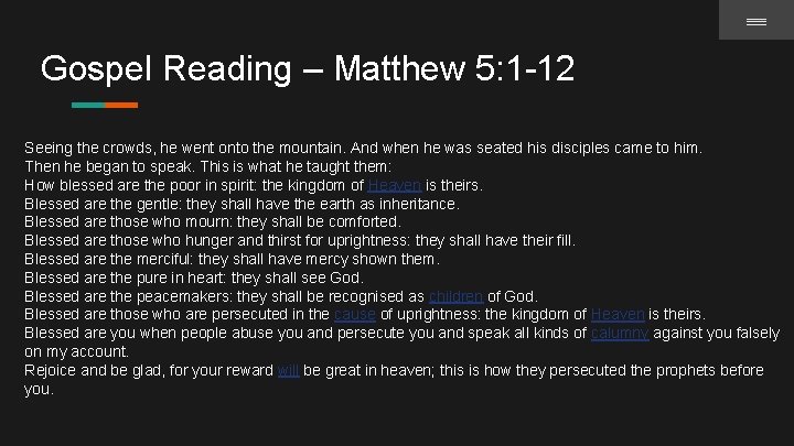The Beatitudes Gospel Reading Matthew 5 1 12