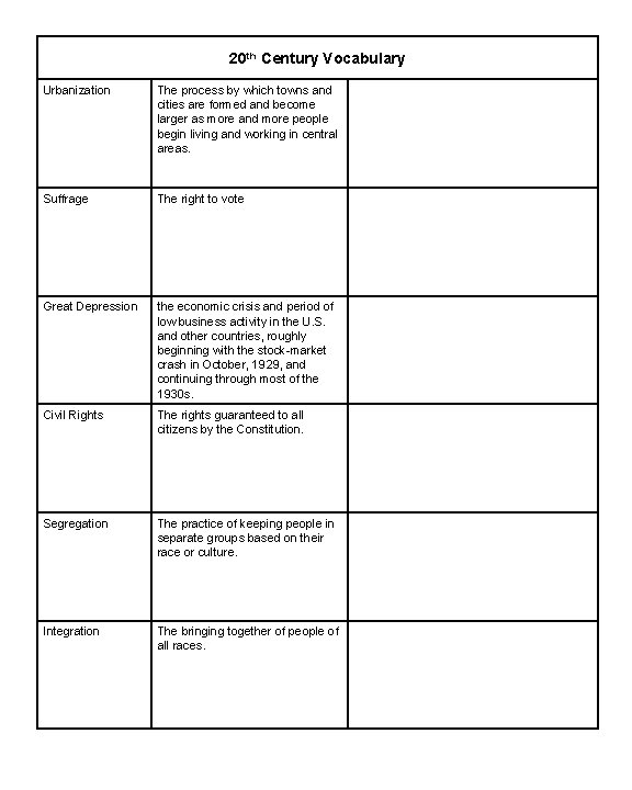 20 th Century Vocabulary Urbanization The process by