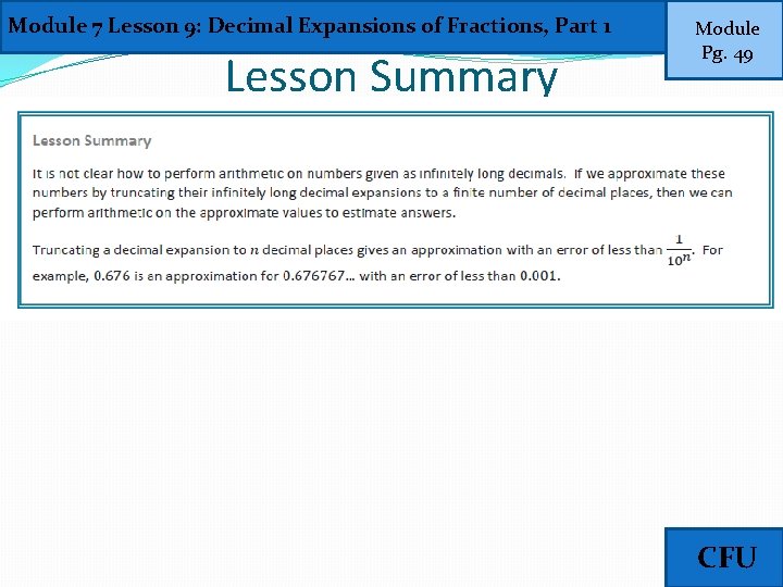 Module 7 Lesson 9 Decimal Expansions of Fractions