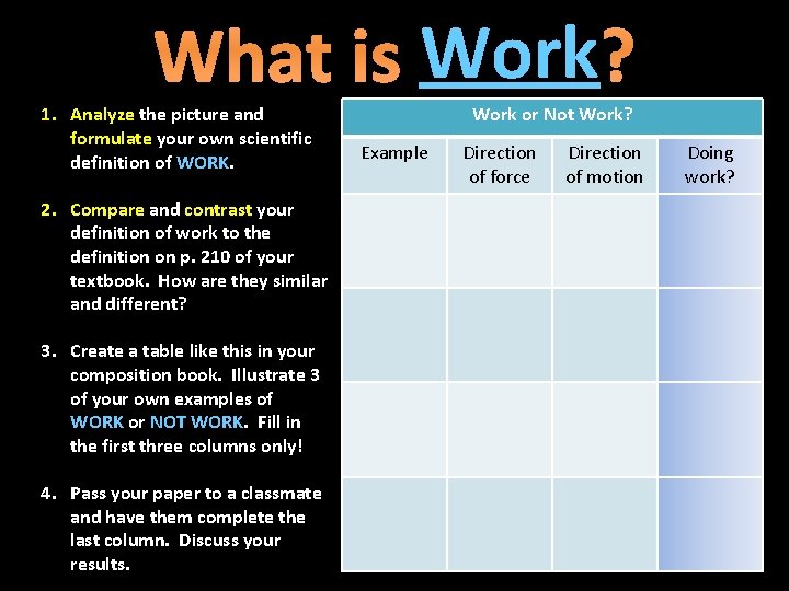 What is Work 1 Analyze the picture and