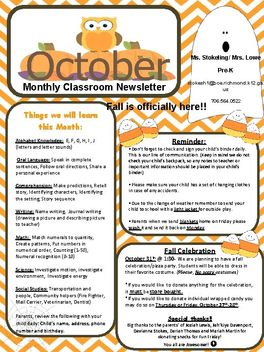 Ms Stokeling Mrs Lowe PreK Monthly Classroom Newsletter