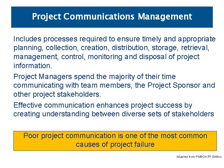Project Communications Management Includes processes required to ensure