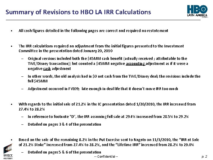 HBO Latin America Summary of Revised IRR Calculation