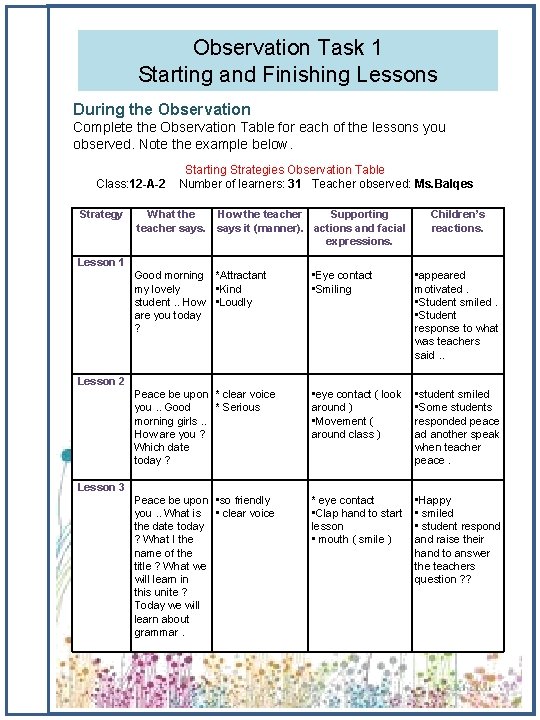 Observation Task 1 Starting and Finishing Lessons During