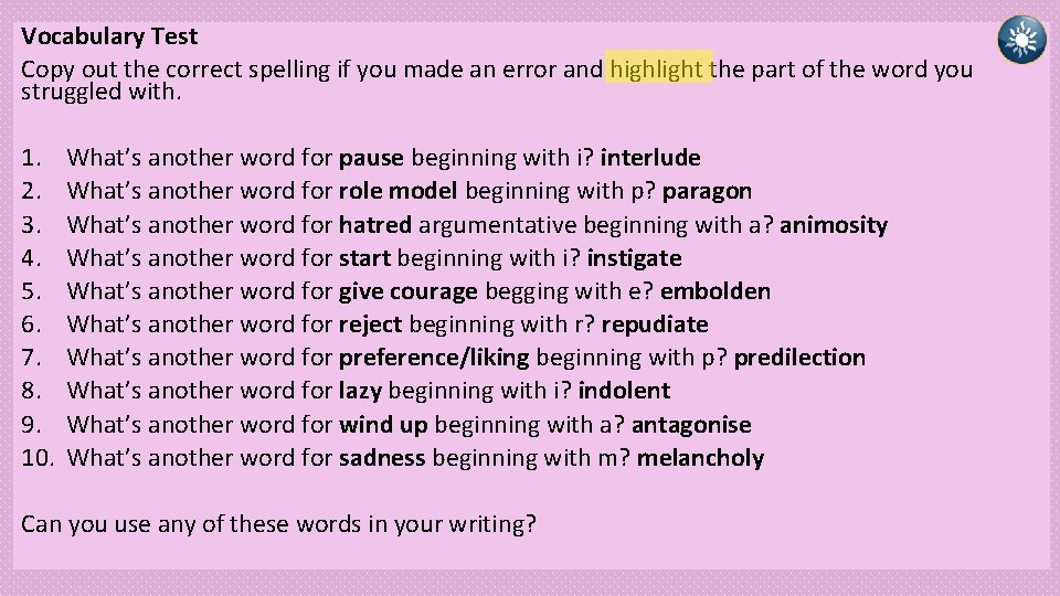 Year 7 Weekly Writing Challenge 5 aDay Vocabulary